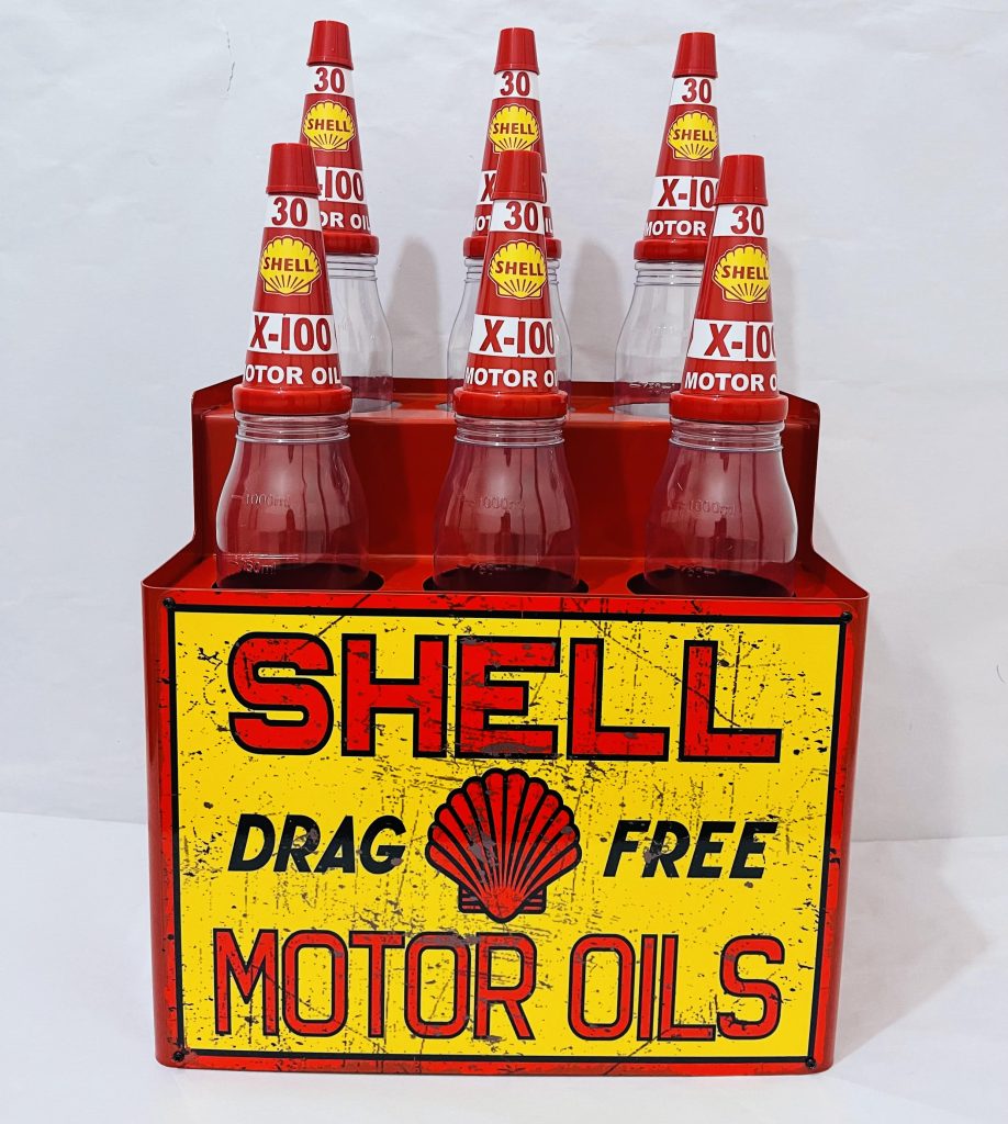 Shell Drag Free Oil Bottle Rack and 6 Bottles - Nostalgia Highway