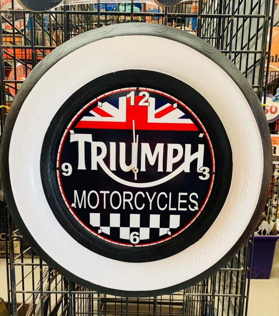 Triumph Motorcycle White wall tyre clock - Nostalgia Highway