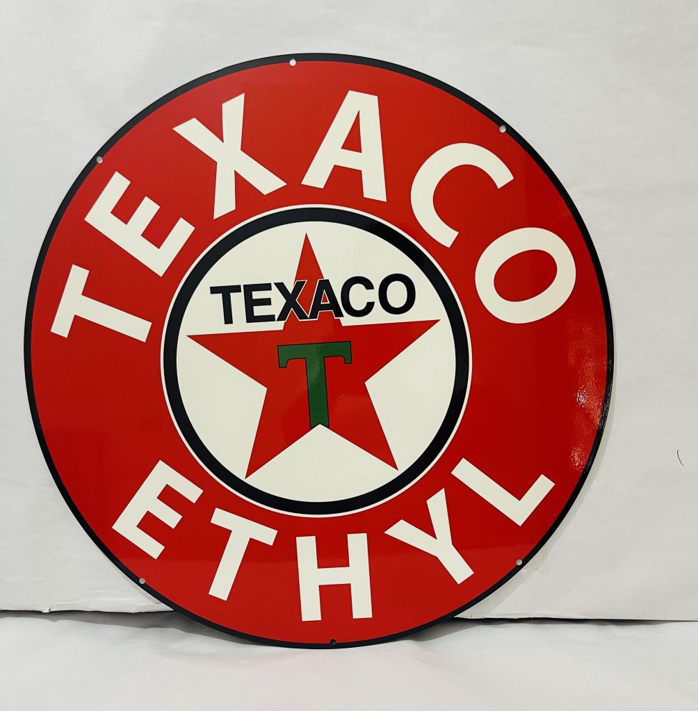 Texaco Ethyl round tin metal sign - Nostalgia Highway